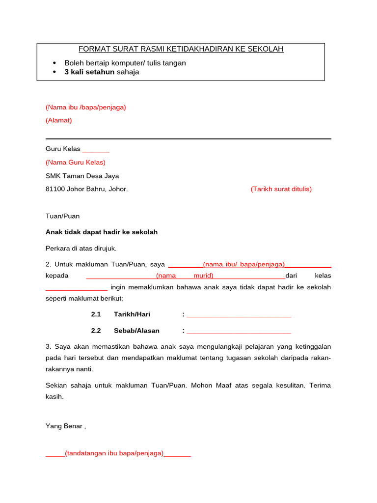 Format Surat Rasmi Ketidakhadiran Ke Sekolah | PDF
