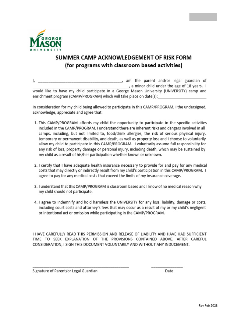 Camp Acknowledgement of Risk Form - Classroom Based PDF | PDF ...