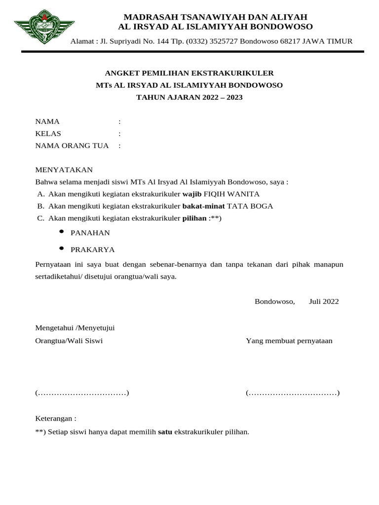 Angket Pemilihan Ekskul | PDF