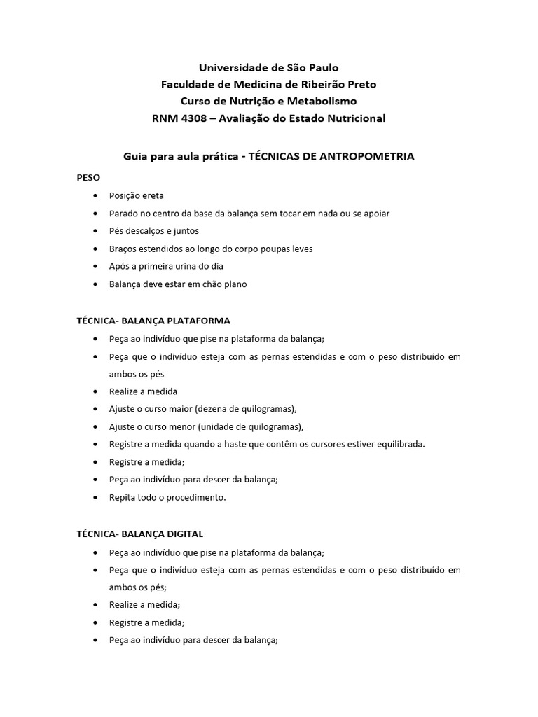 Aula Prática Técnicas De Antropometria Pdf