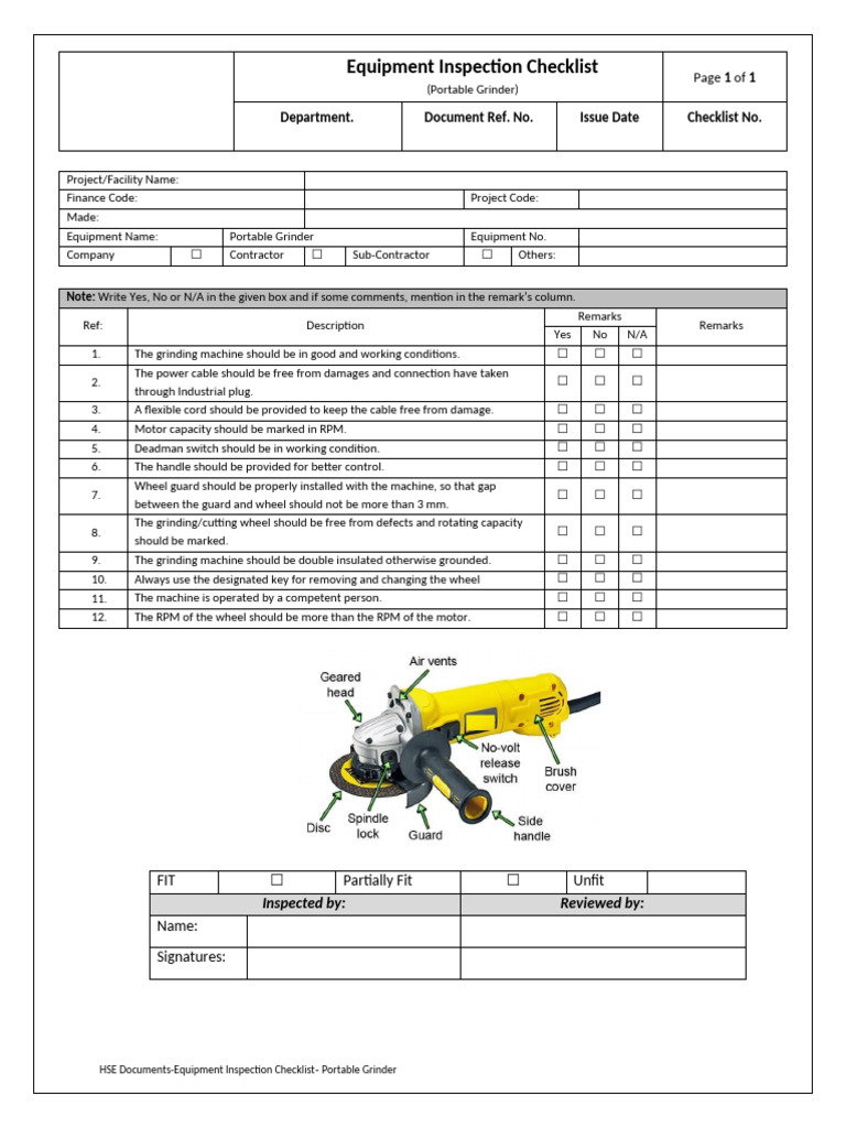 Portable Grinder Inspection Checklist | PDF | Equipment | Manufactured ...