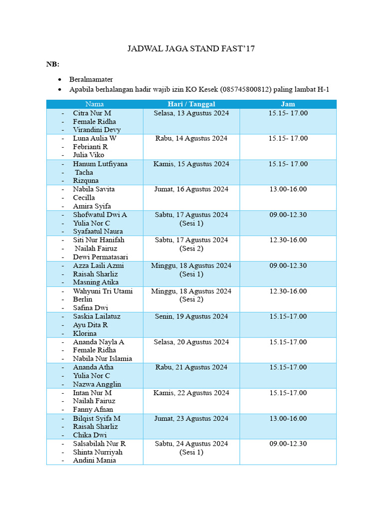 Jadwal Jaga Stand Fast'17 | PDF