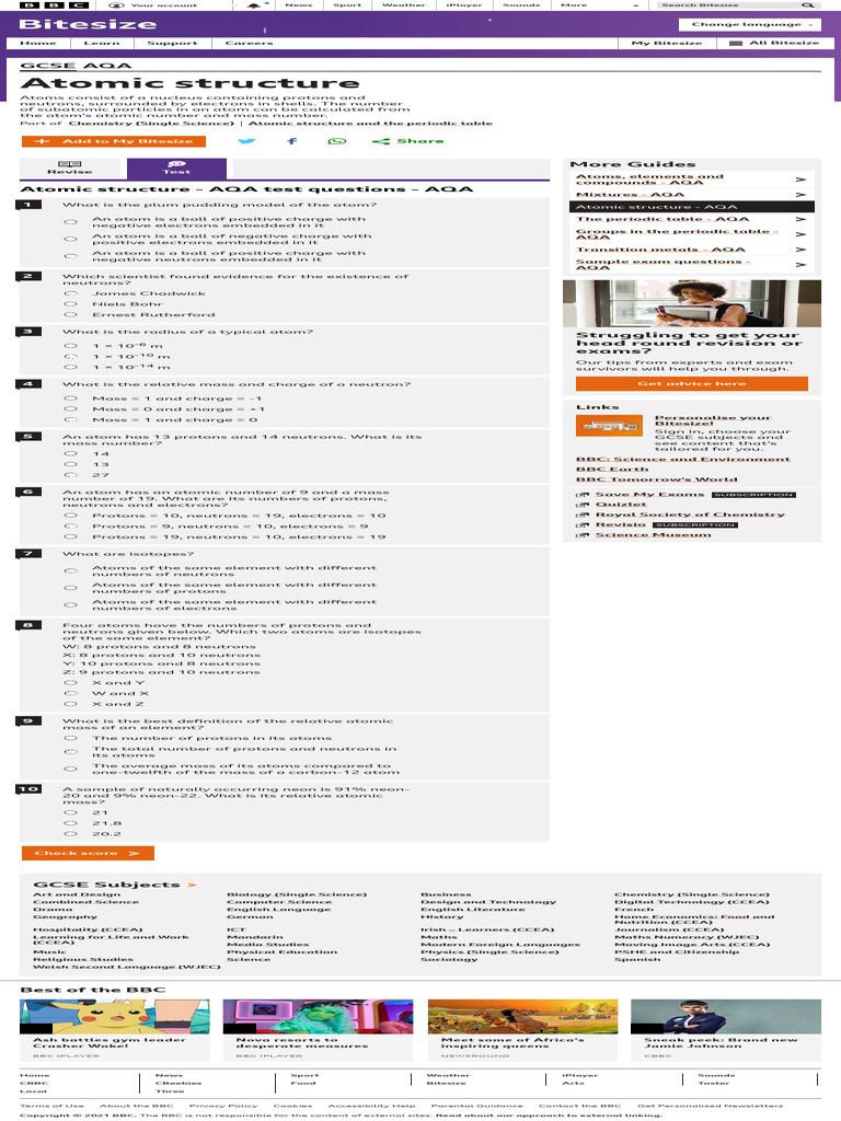 Atomic Structure - AQA Test Questions - AQA - GCSE Chemistry (Single ...