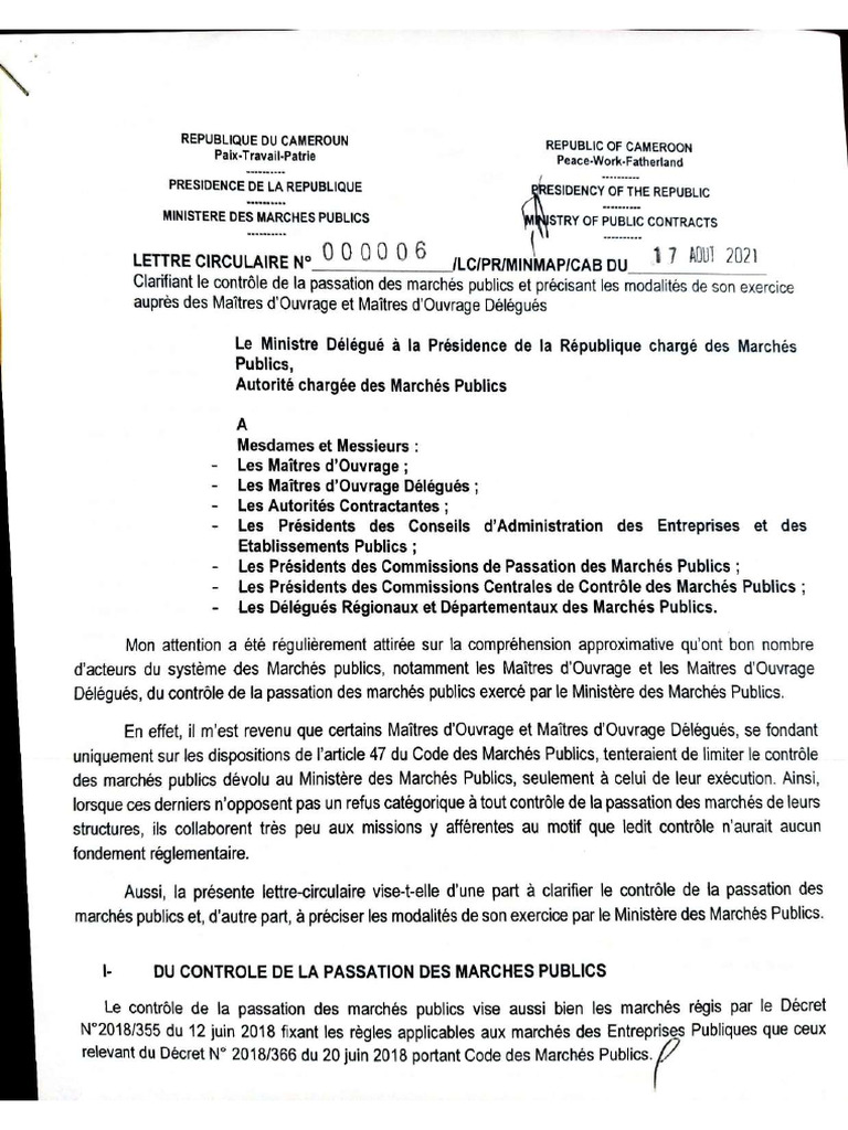MINMAP-CAB-Lettre Circulaire Clarifiant Le Contrôle de La Passation Des Marchés Publics Et ...