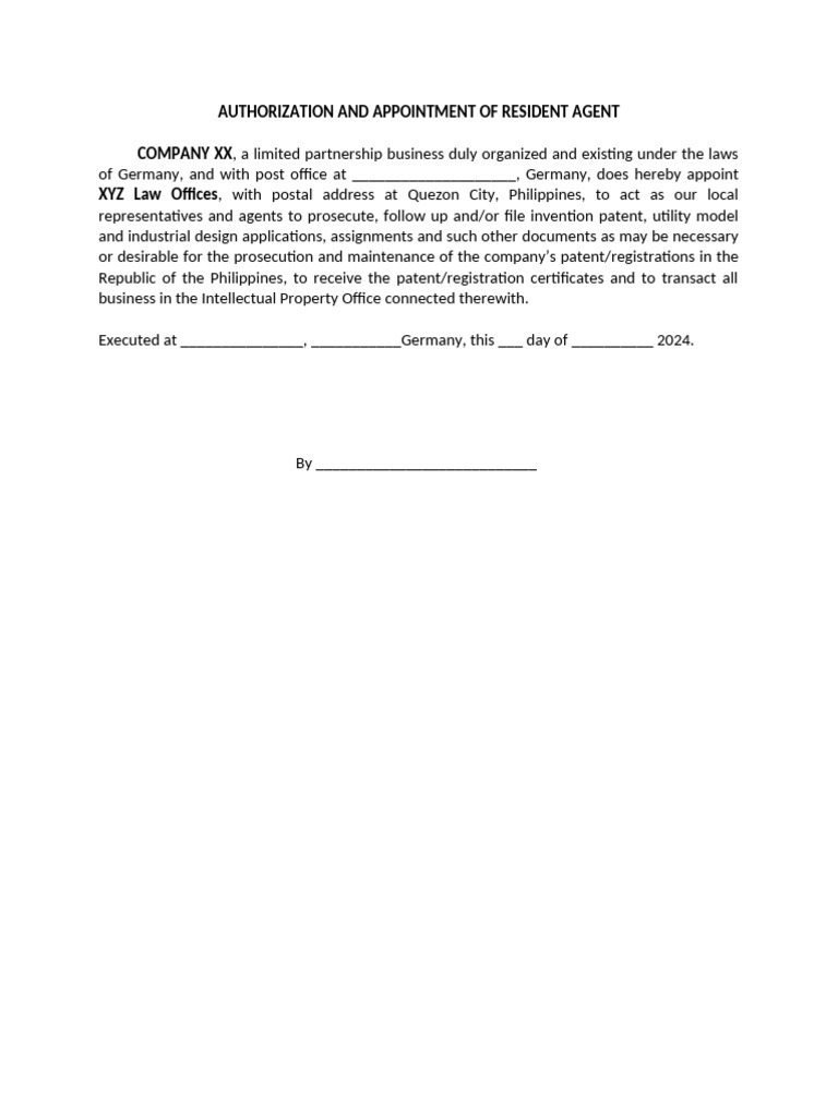 Sample Authorization and Appointment of Resident Agent Ipophl | PDF