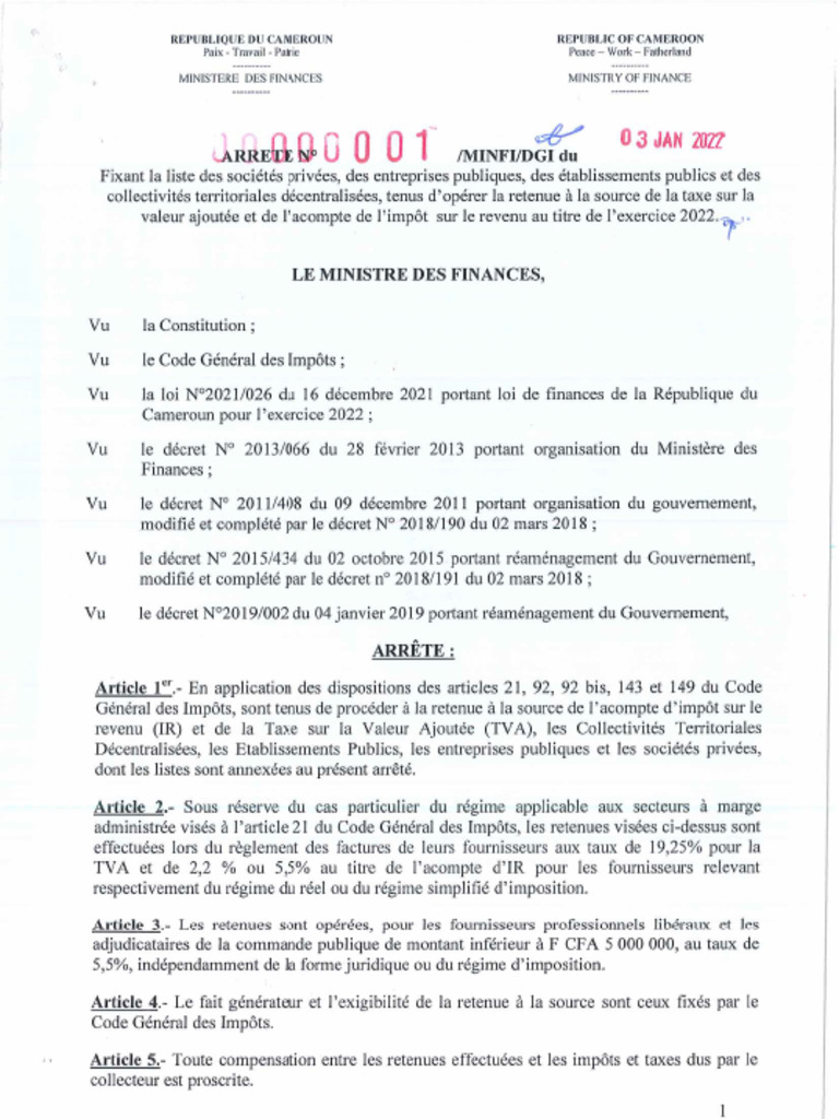 Arrete N 00000001 Du 03 Jan 2022 | PDF