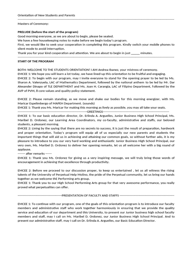 Orientation of New Students and Parents Script | PDF
