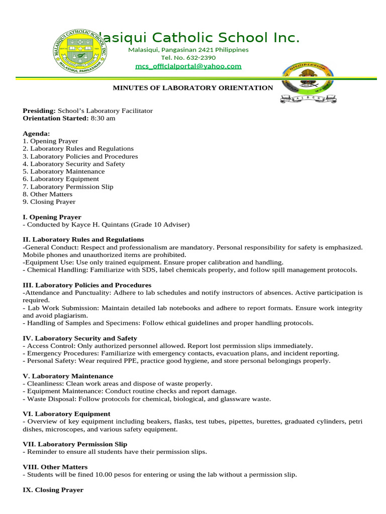 Laboratory Orientation Minutes | PDF | Laboratories | Wellness
