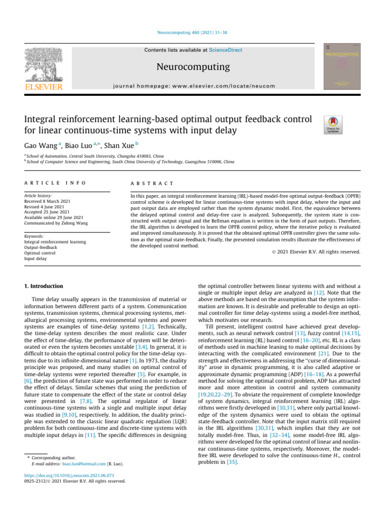 Neurocomputing 2021 Integral Reinforcement Learning-Based Optimal Output Feedback Control | PDF