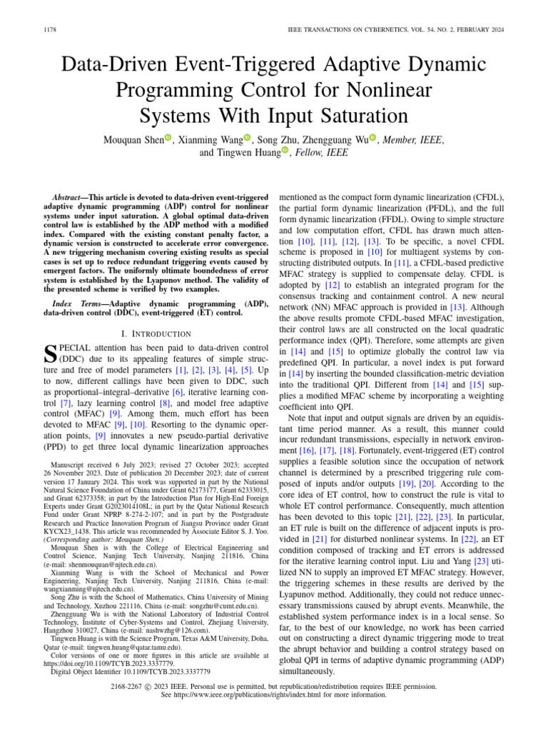 Data-IEEE 2024 Driven - Event-Triggered - Adaptive - Dynamic ... Data-IEEE 2024 Driven - Event-Triggered - Adaptive - Dynamic ...