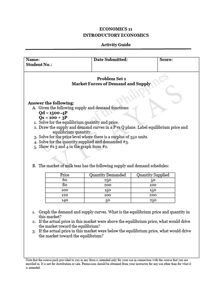 Problem Set 1 - Market Forces of Demand and Supply | PDF