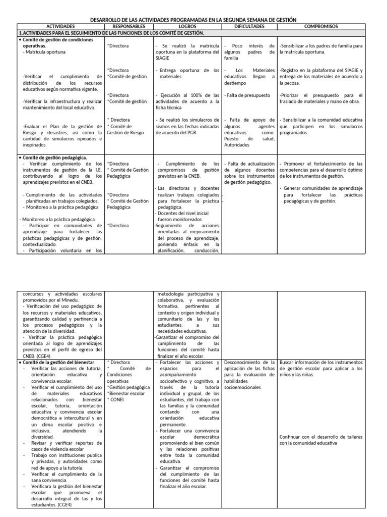 DESARROLLO DE LAS ACTIVIDADES PROGRAMADAS EN LA SEGUNDA SEMANA DE GESTIÓN | PDF