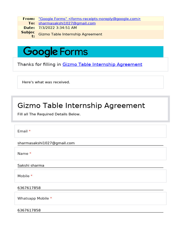 Gizmo Table Internship Agreement | PDF
