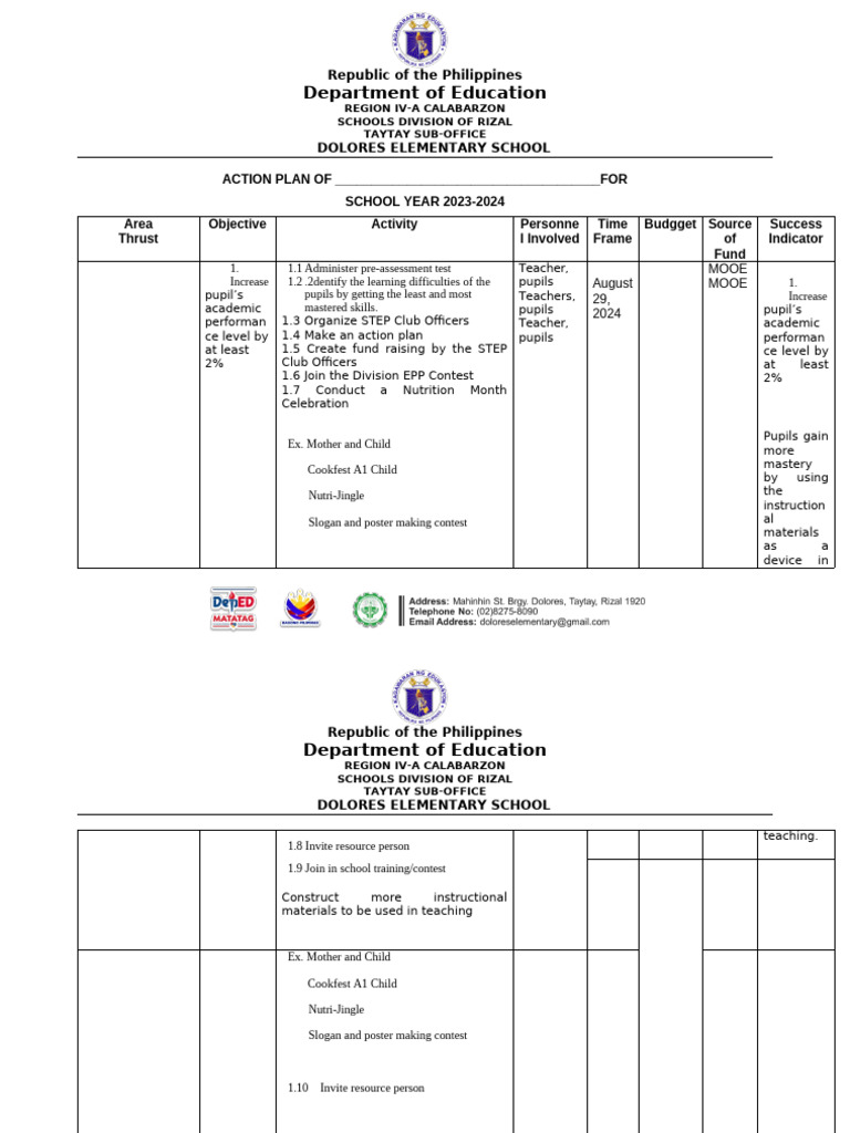 Action Plan and Calendar of Activities in Epp | PDF