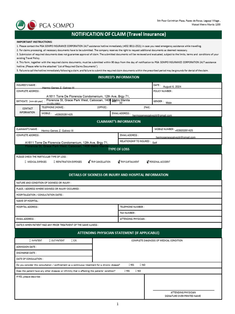 Pga Sompo Claim Notification Form | PDF