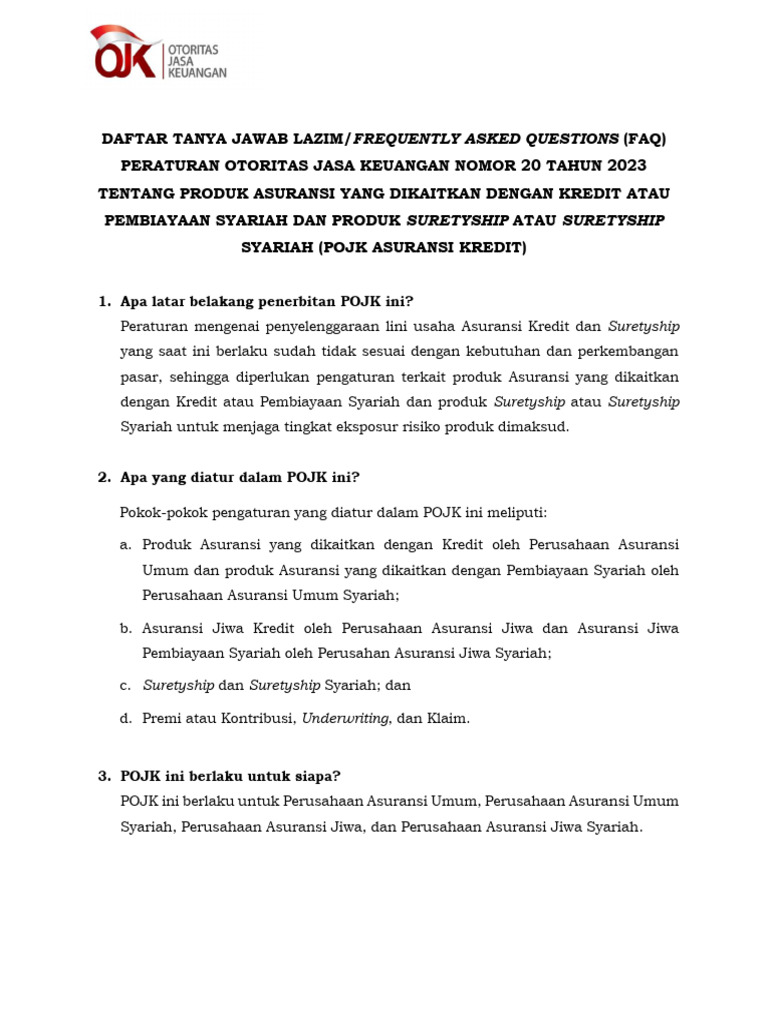 FAQ POJK 20 Tahun 2023 Produk Asuransi Yang Dikaitkan Dengan Kredit Atau Pembiayaan Syariah Dan ...