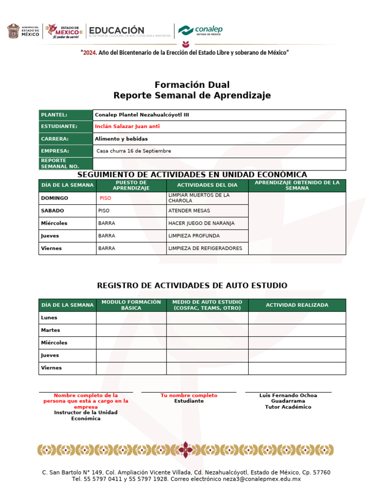 Formación Dual Reporte Semanal de Aprendizaje: Seguimiento de Actividades en Unidad Económica | PDF