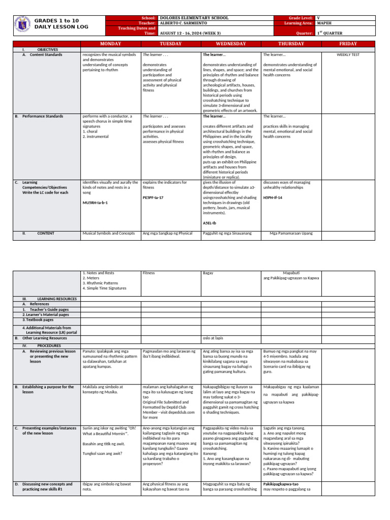 DLL - Mapeh 5 - Q1 - W3 | PDF | Learning