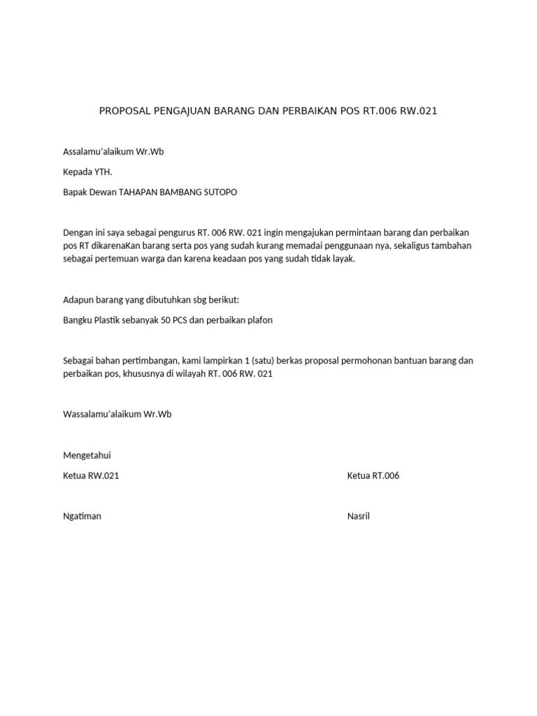 Proposal Pengajuan Barang Dan Perbaikan Pos RT | PDF