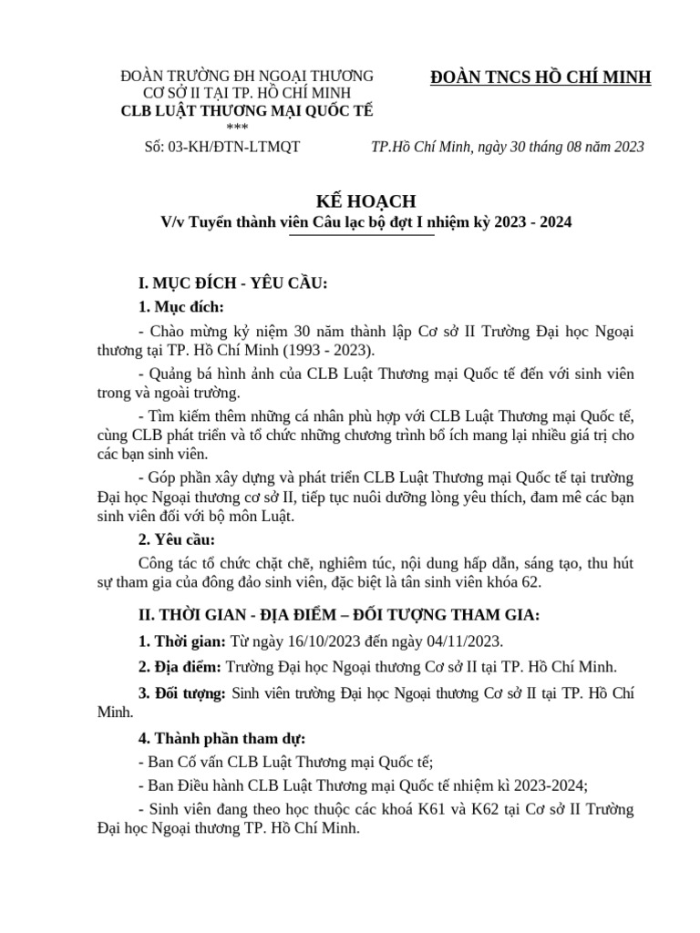 Kế Hoạch Tuyển Thành Viên Của Itlc Nhiệm Kỳ 2023-2024 (Copy) | PDF