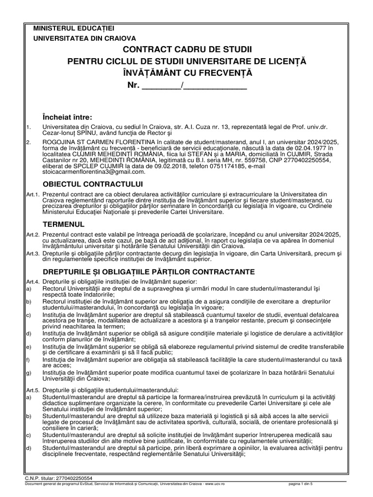 Contract Cadru de Studii Pentru Ciclul de Studii Universitare de Licență Învățământ Cu Frecvență ...