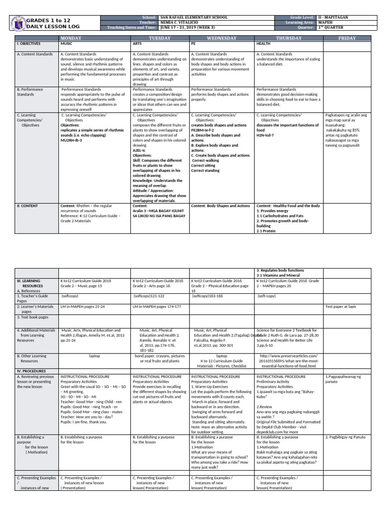 DLL - Mapeh 2 - Q1 - W3 | PDF