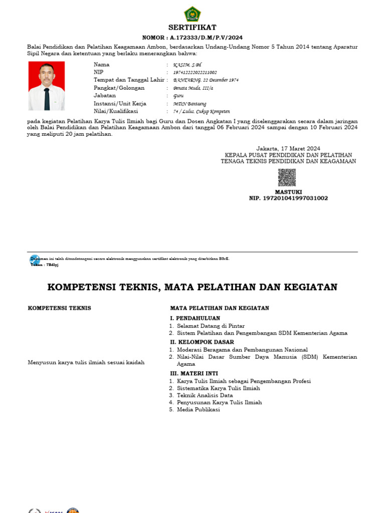 Sertifikat Pelatihan Karya Tulis Ilmiah KASIM | PDF