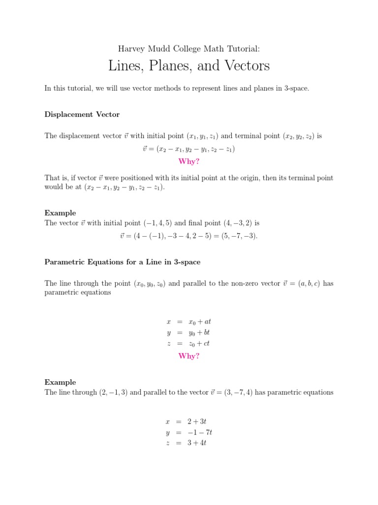 Lines, Planes, and Vectors: Harvey Mudd College Math Tutorial | PDF ...