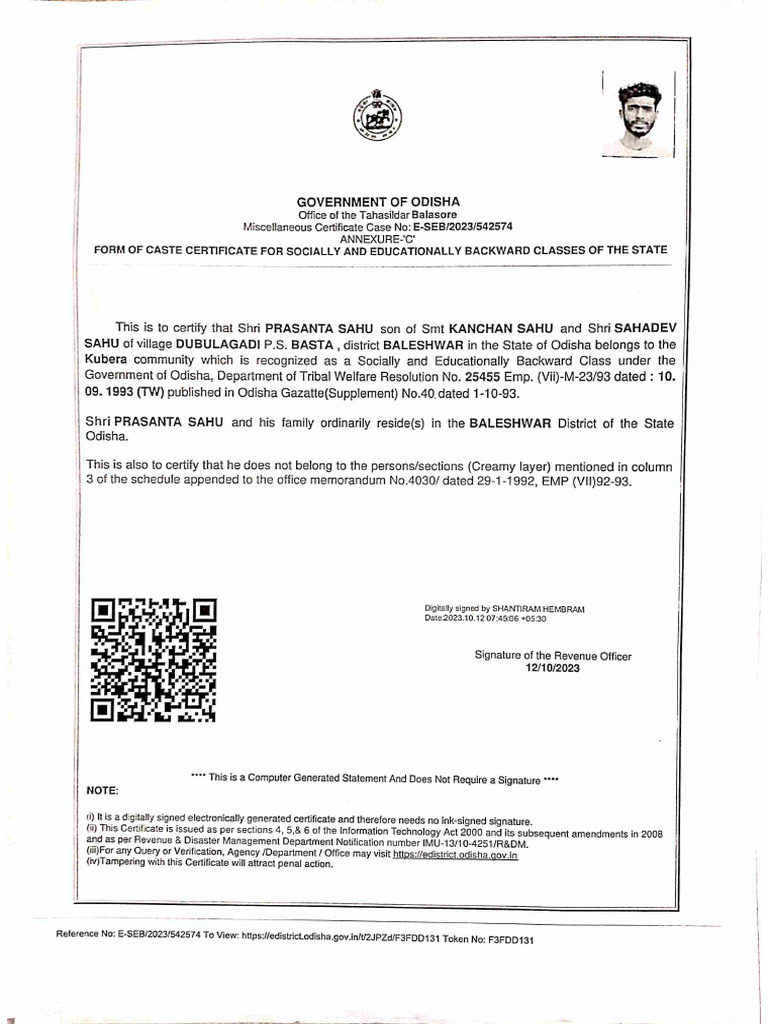 SEBC Caste Certificate | PDF