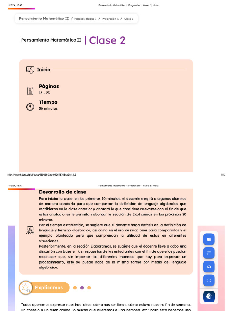 Pensamiento Matemático II - Progresión 1 - Clase 2 | PDF