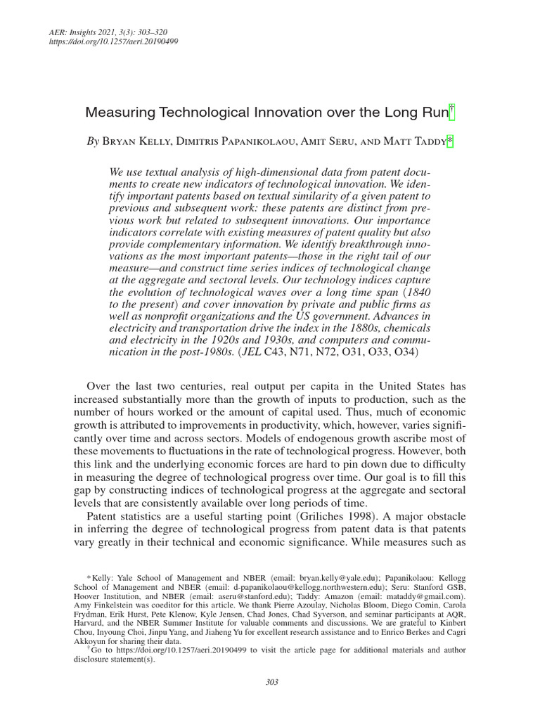Kelly Et Al 2021 Measuring Technological Innovation Over The Long Run | PDF
