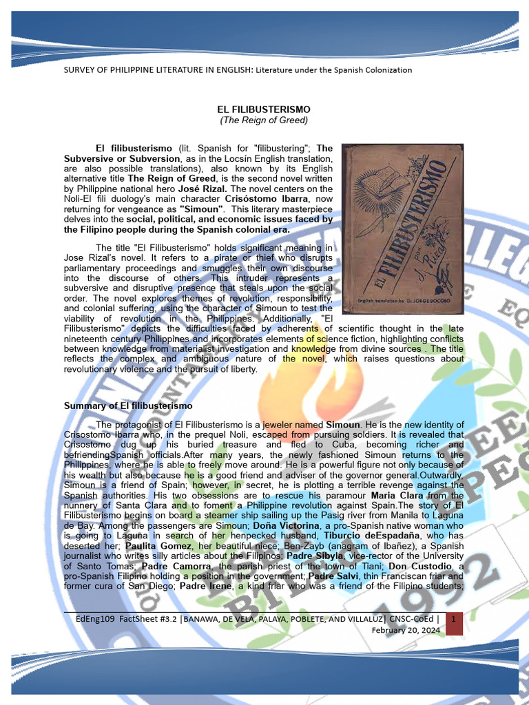 Factsheet 3.2 El Filibusterismo | PDF