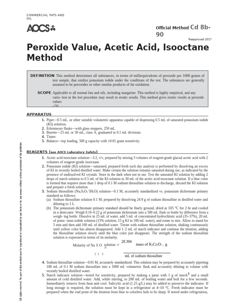 AOCS Peroxide Value CD 8b-90 2017 | PDF