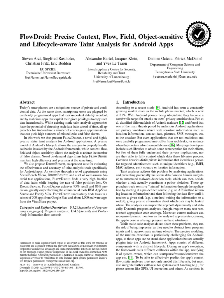 FlowDroid Precise Context, Flow, Field, Object-Sensitive | PDF | Android (Operating System ...