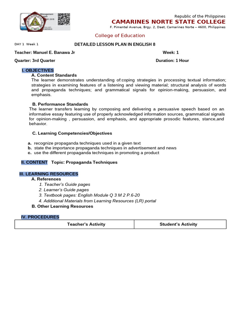 DETAILED LESSON PLAN Template | PDF