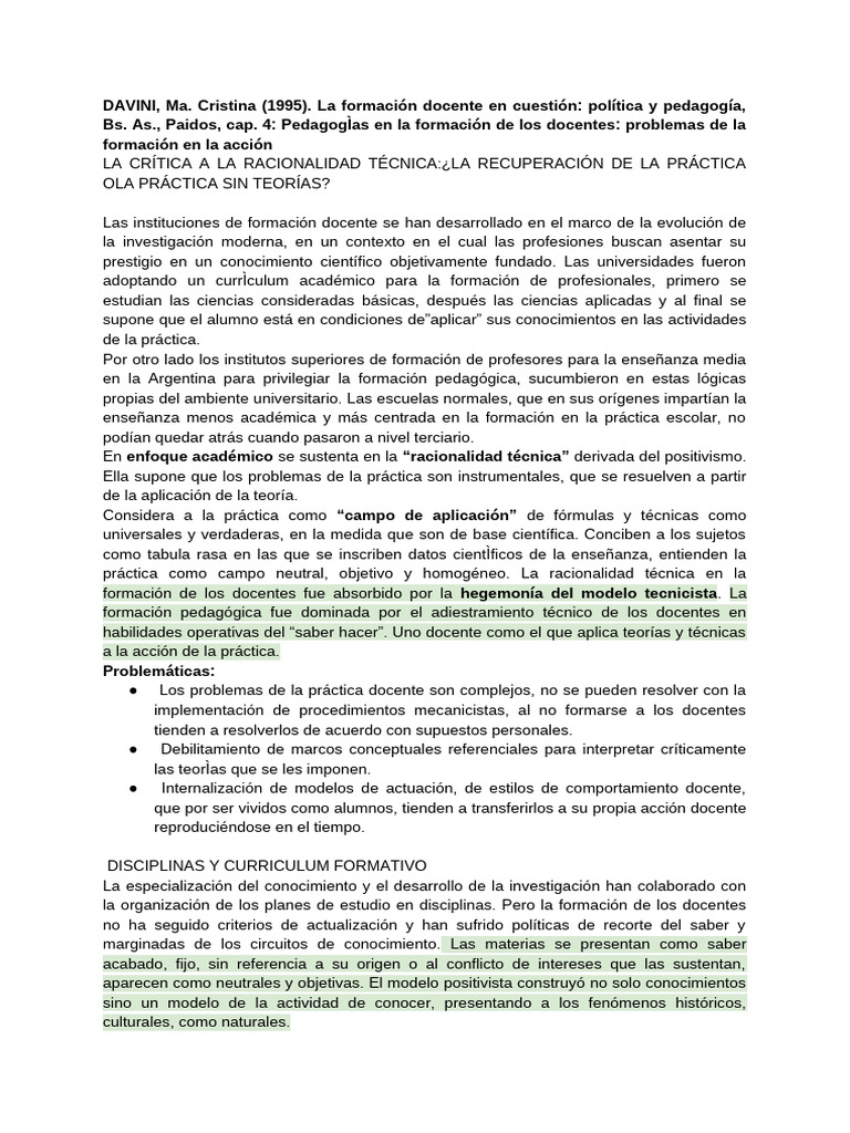 Resumen DAVINI, Ma. Cristina (1995) - La Formación Docente en Cuestión ...