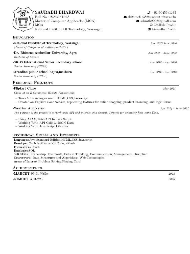 NIT Warangal Resume Template 3 | PDF