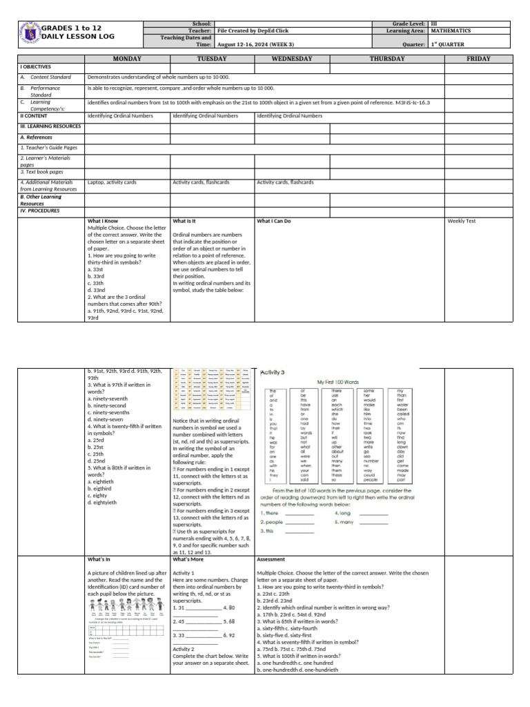DLL - Mathematics 3 - Q1 - W3 | PDF | Human Communication | Behavior ...