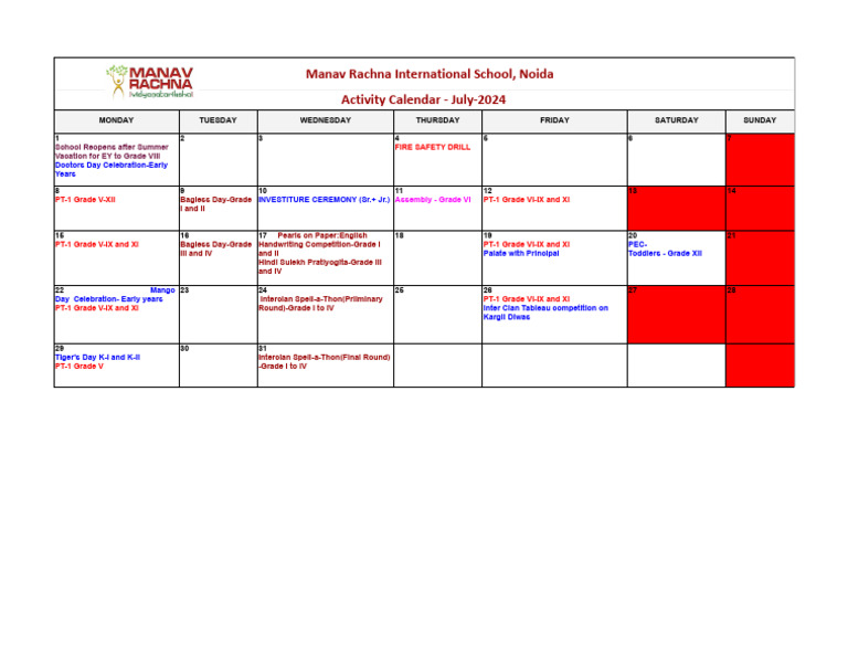 Activity Calendar 2024-25 - July 2024 | PDF