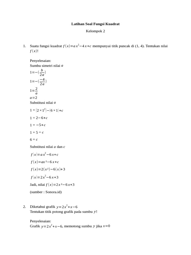 Latihan Soal Fungsi Kuadrat | PDF
