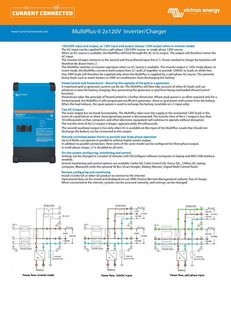 Datasheet MultiPlus II 3kVA 2x120V en | PDF | Power Inverter | Battery Charger