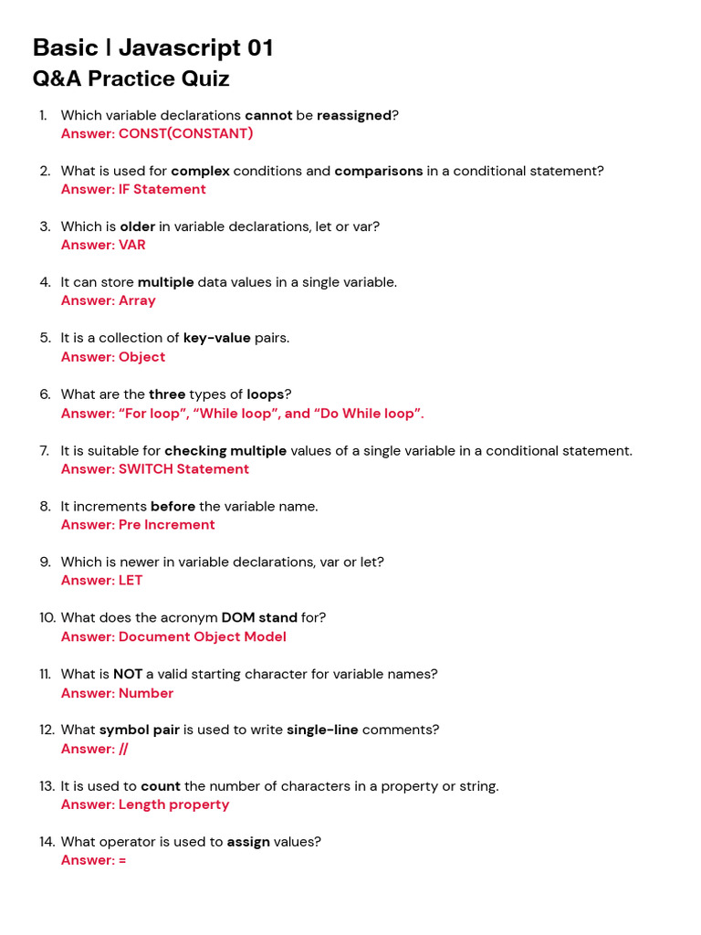 Basic Javascirpt 01 Q&A Practice Quiz | PDF