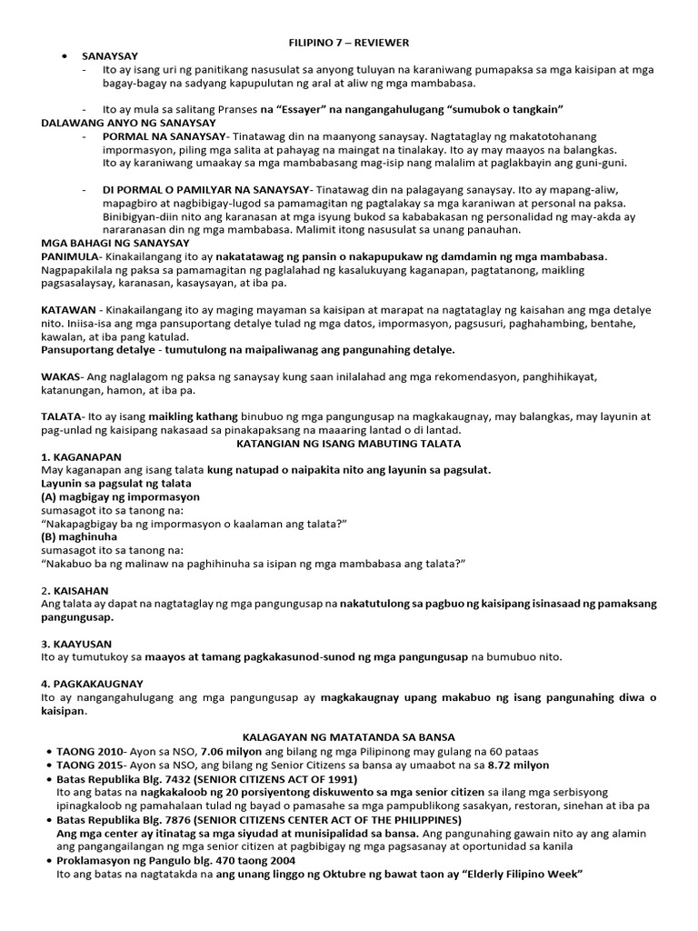 FILIPINO 7 Quiz Reviewer | PDF