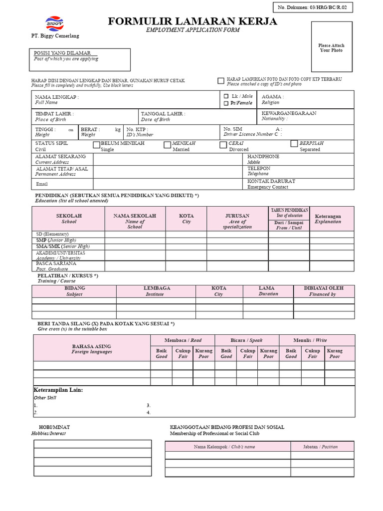 Form Lamaran Kerja PT Biggy Cemerlang | PDF