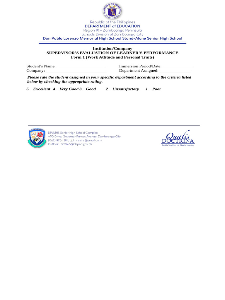 WORK IMMERSION EVAL TOOLS Form 1 To 3 | PDF