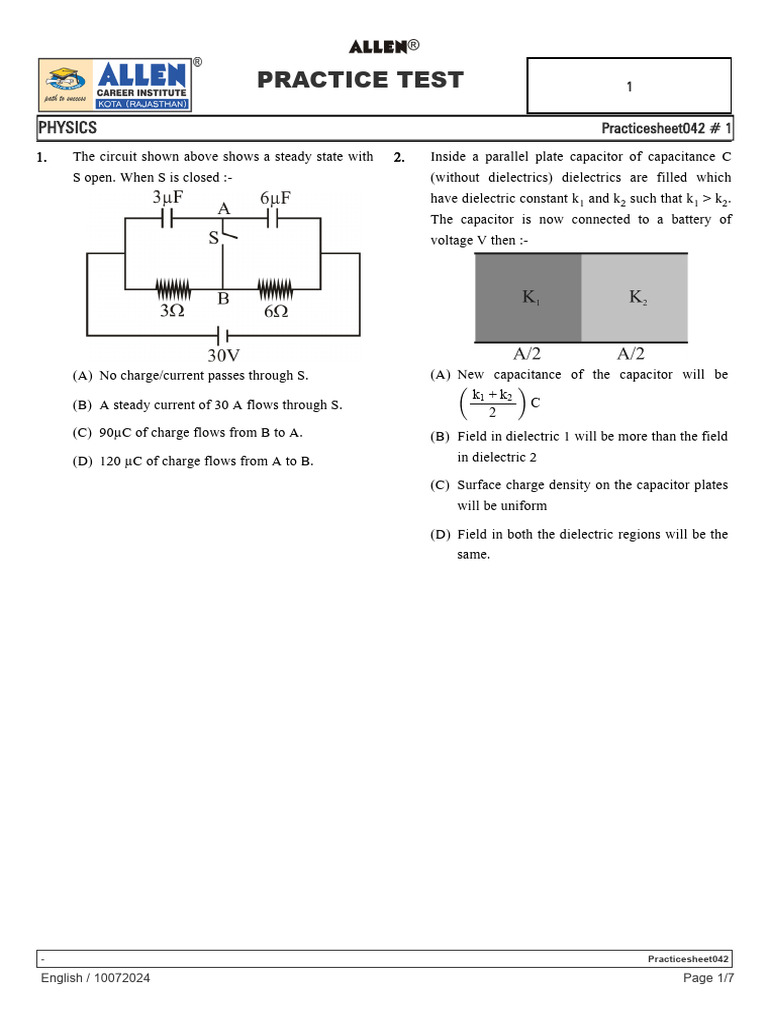 Practicesheet042-Physics QP | PDF
