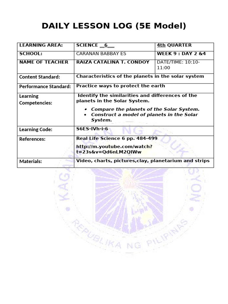 Daily Lesson Log 5e Model Planets | PDF