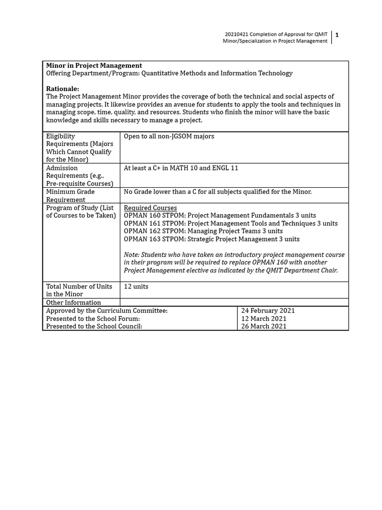Minor - Specialization in Project Management | PDF
