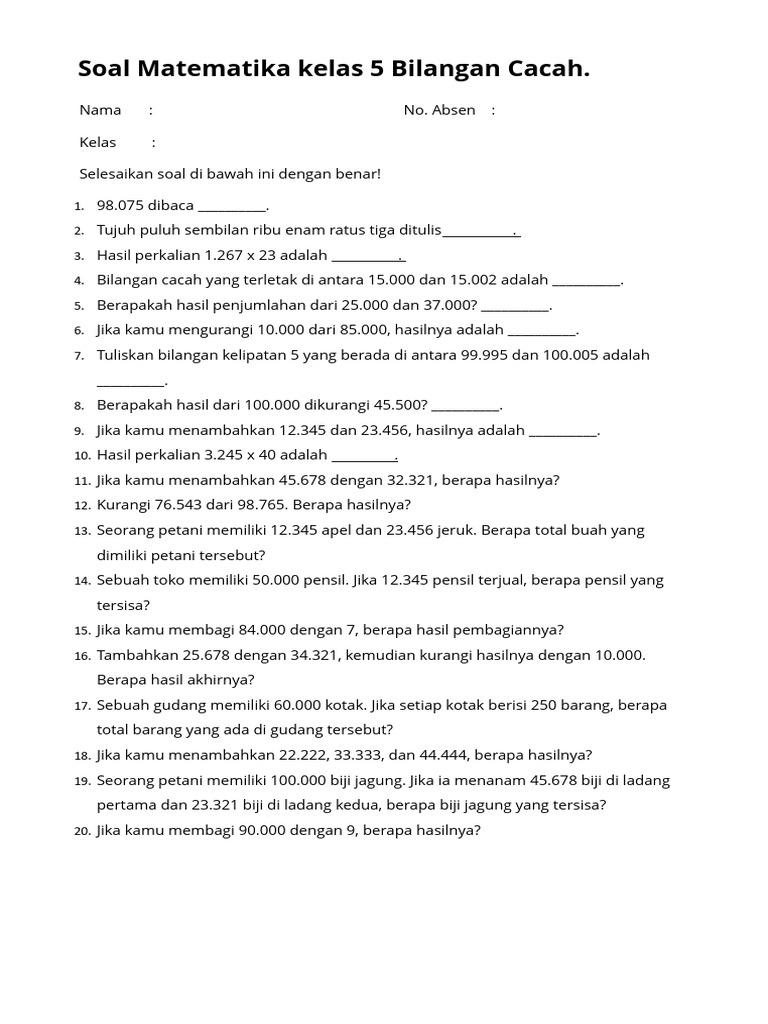 Soal Matematika Kelas 5 Bilangan Cacah | PDF