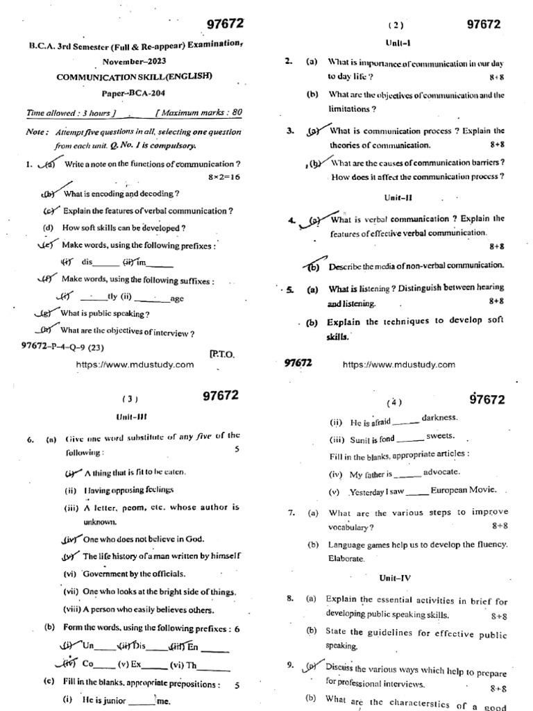 Bca 3 Sem Communication Skill English 97672 Nov 2023 | PDF